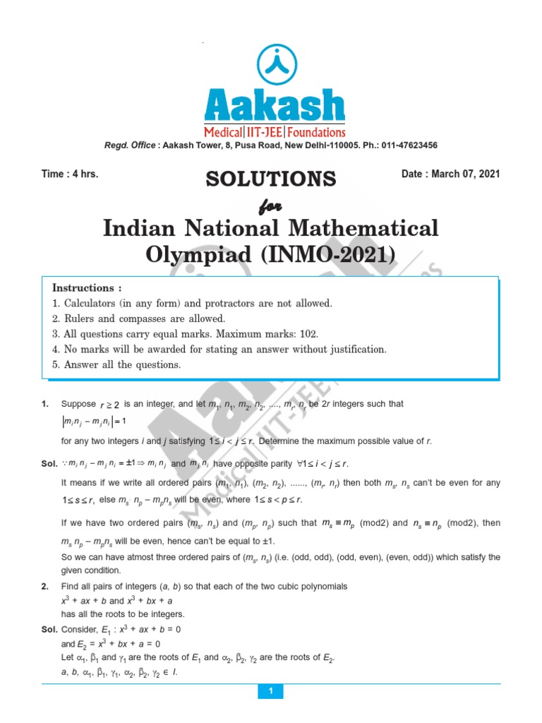 Solutions Indian National Mathematical Olympiad (INMO-2021) : For For ...