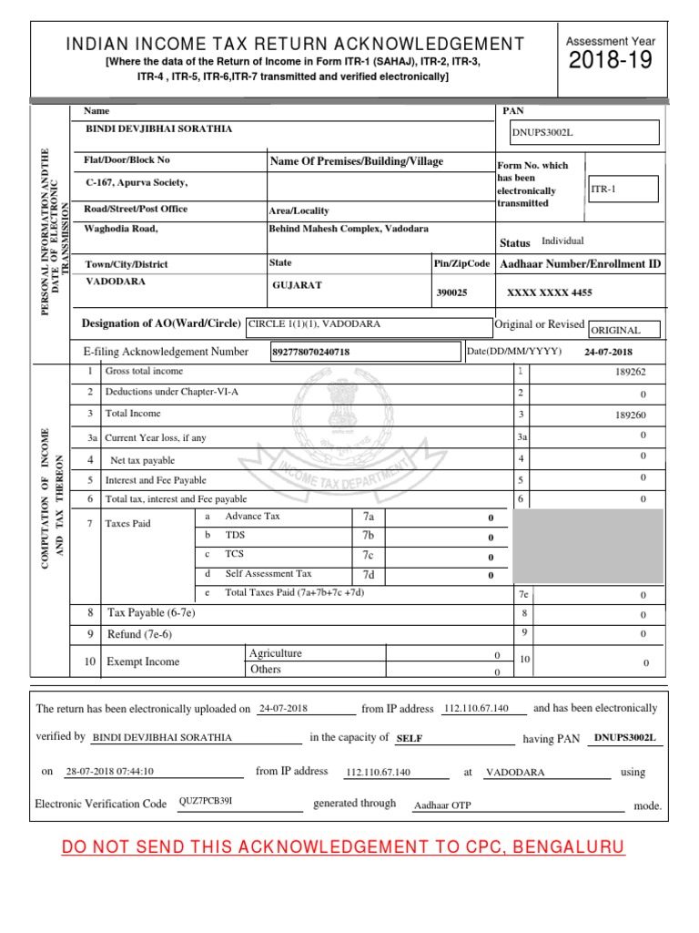 Indian Income Tax Return Acknowledgement: Name of Premises/Building ...