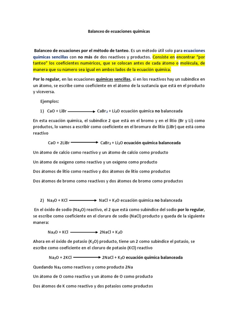 Balanceo de Ecuaciones Químicas Sencillas | PDF | Naturaleza | Ciencias ...