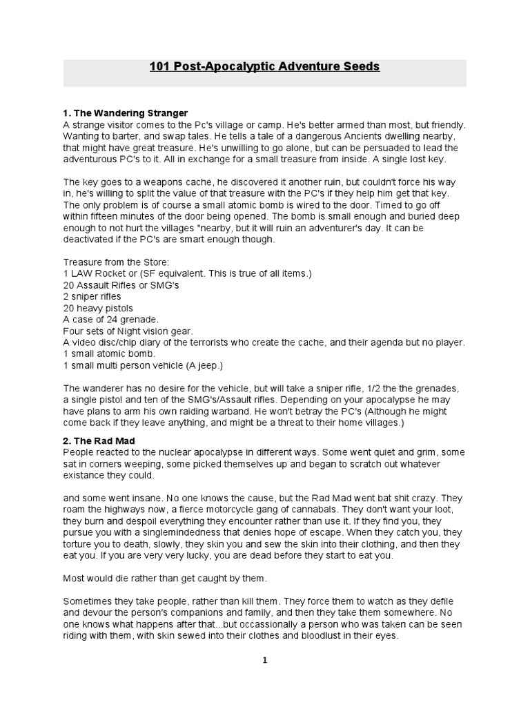 101 Post Apocalyptic Adventure Seeds | PDF | Apocalyptic And Post ...