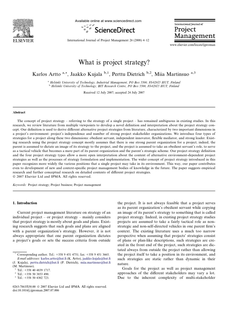 What Is Project Strategy Karlos Artto Jaakko Kujala Perttu Dietrich Miia Martinsuo PDF 