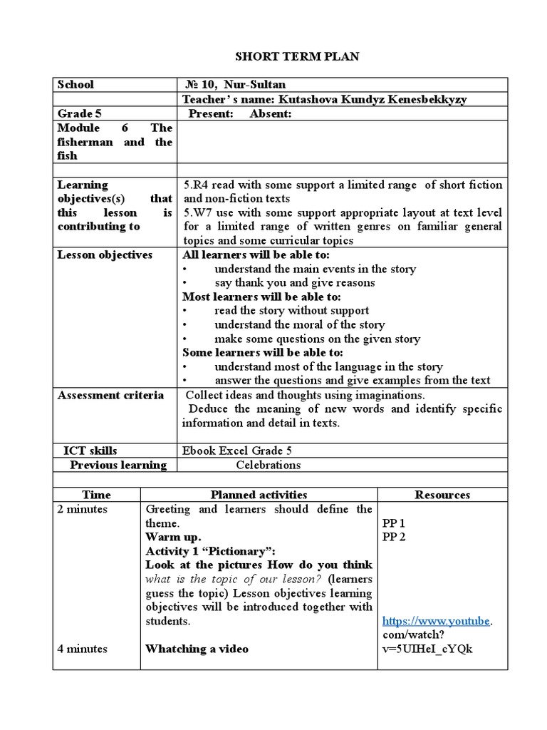 Fisherman and the Fish: Lesson Plan | PDF | Learning | Educational ...