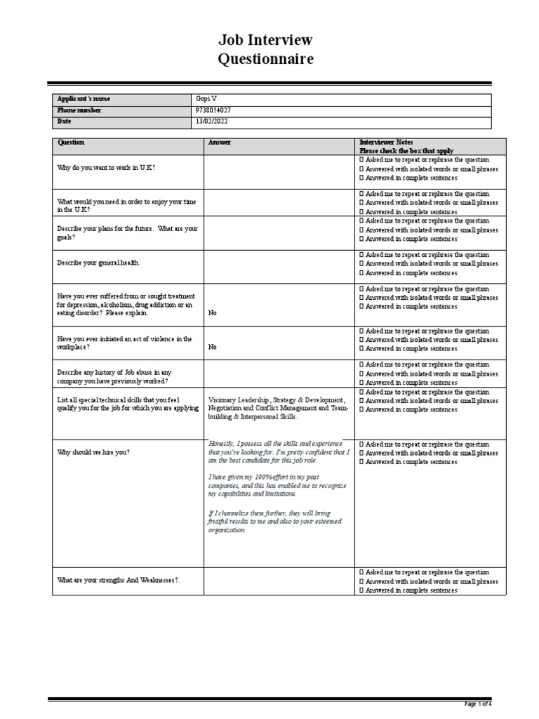 Job Interview Questionnaire | PDF | Question | English Language
