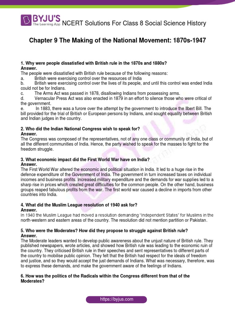 Chapter 9 The Making of The National Movement: 1870s-1947: NCERT Solutions For Class 8 Social ...