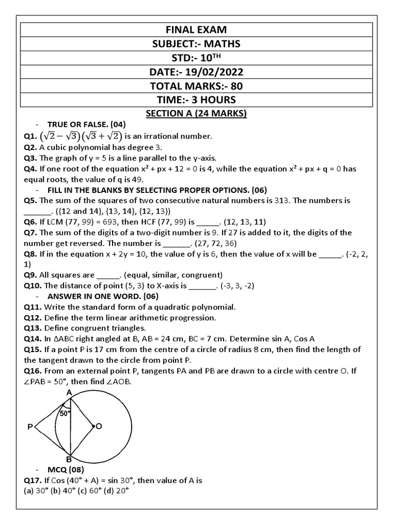10th Grade Maths Final Exam Paper | PDF | Circle | Area