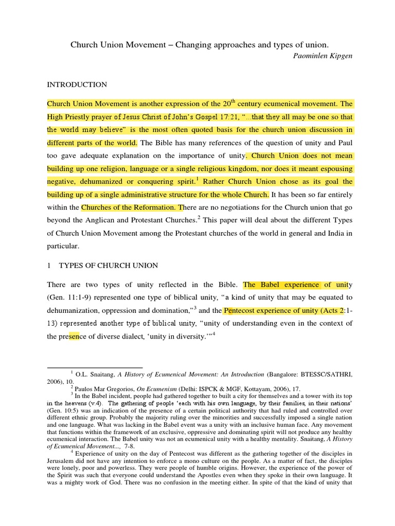 Church Union Movement - Changing Approaches and Types of Union | PDF ...