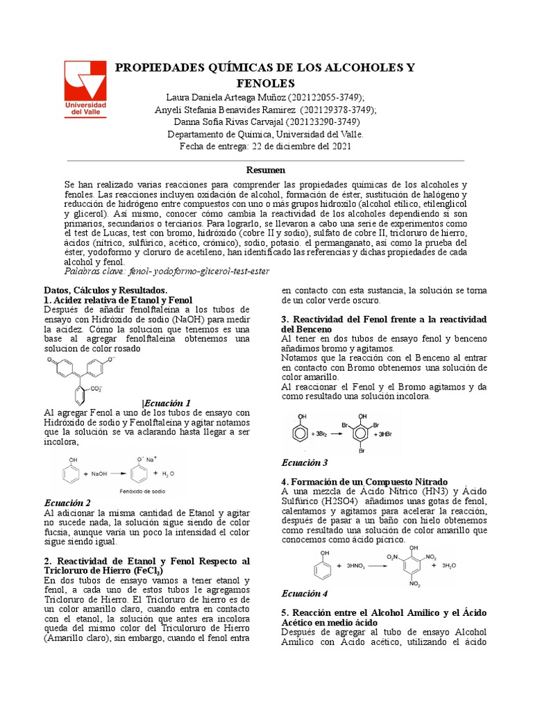 Propiedades Quimicas de Alcoholes y Fenoles | PDF | Etanol | Alcohol