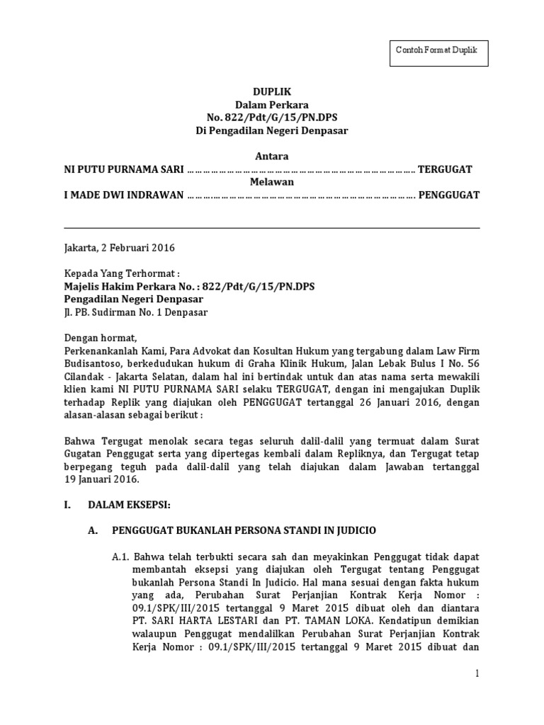 Contoh Format Duplik Wanprestasi | PDF