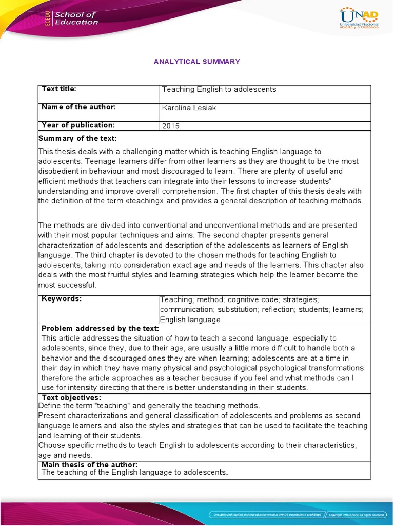 Analytical Summary Template. 1 | PDF | Adolescence | Learning