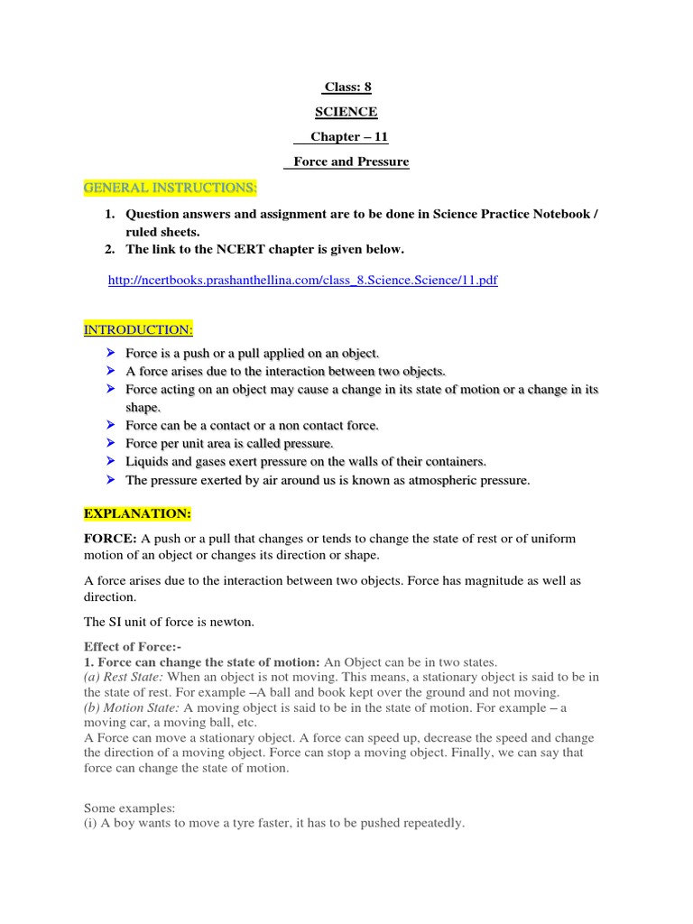 General Instructions:: Effect of Force:-1. Force Can Change The State ...