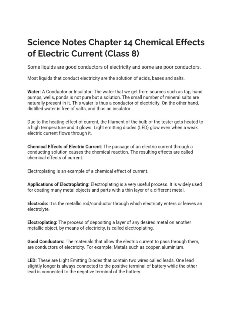 Science Notes Chapter 14 Chemical Effects of Electric Current (Class 8 ...