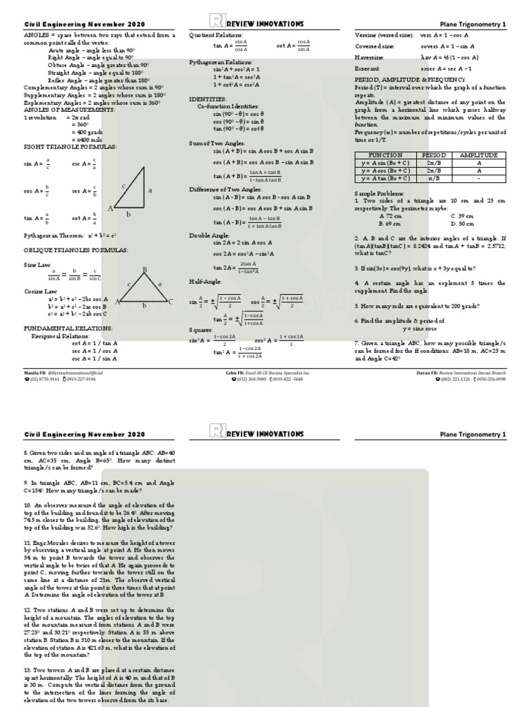 CE Board Nov 2020 Plane Trigonometry Set 1 | PDF | Trigonometric ...