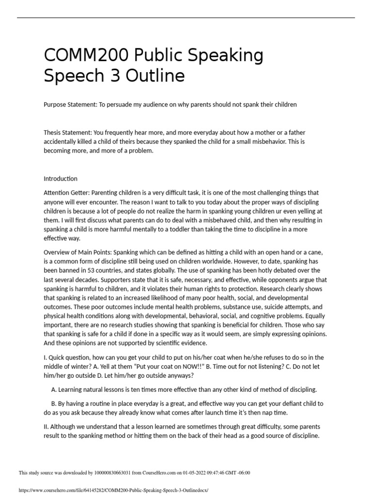 COMM200 Public Speaking Speech 3 Outline | PDF | Spanking | Public Speaking