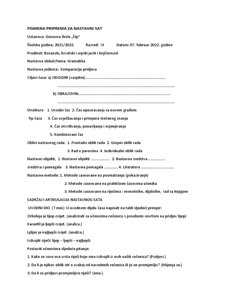 Priprema, Sesti Razred, Komparacija Pridjeva | PDF