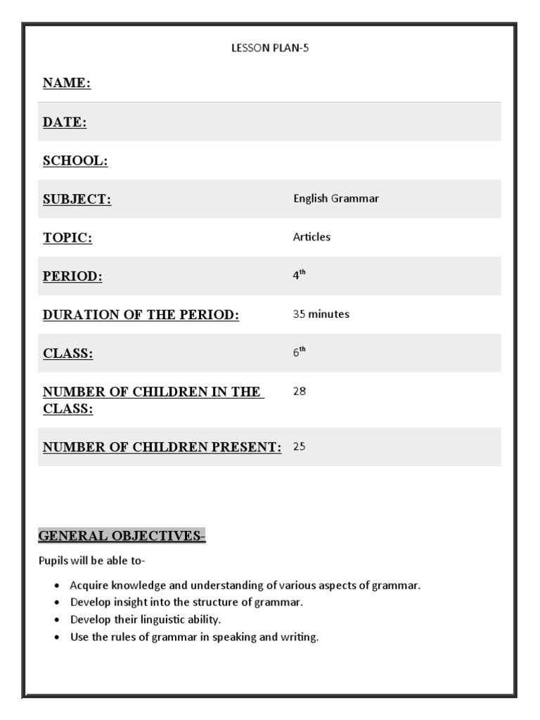 Name: Date: School: Subject: Topic: Period: Duration of The Period ...