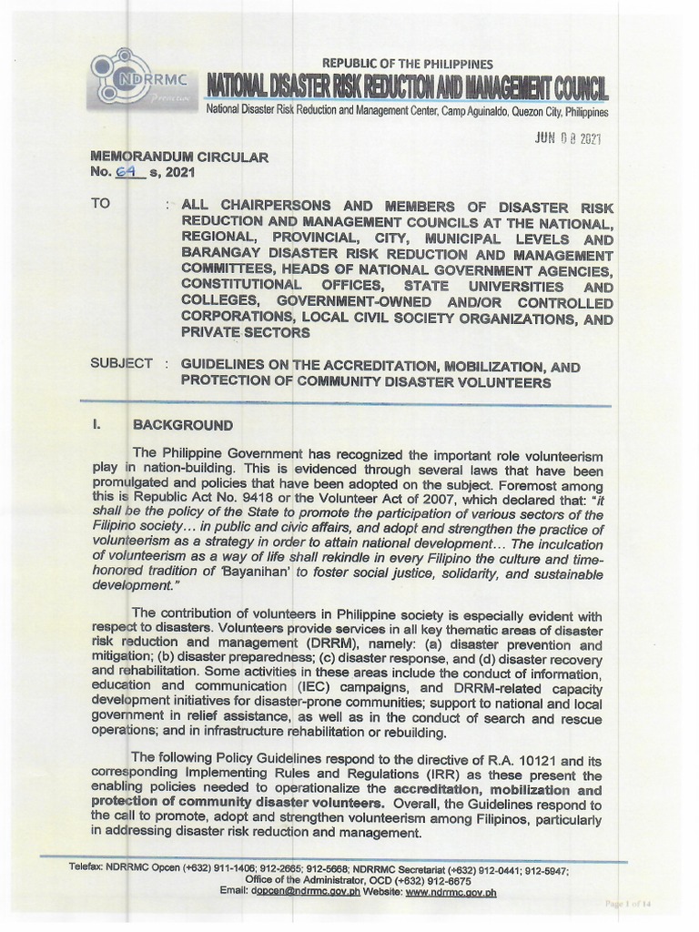 NDRRMC Memorandum Circular No 64 S 2021 | PDF