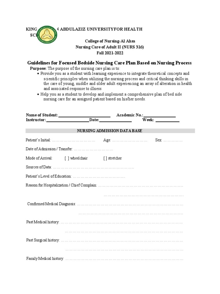 Guidelines For Focused Bedside Nursing Care Plan Based On Nursing ...