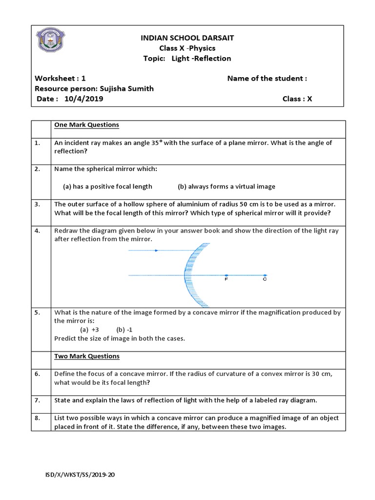 Class 10 Physics: Light Reflection Worksheet | PDF | Mirror ...