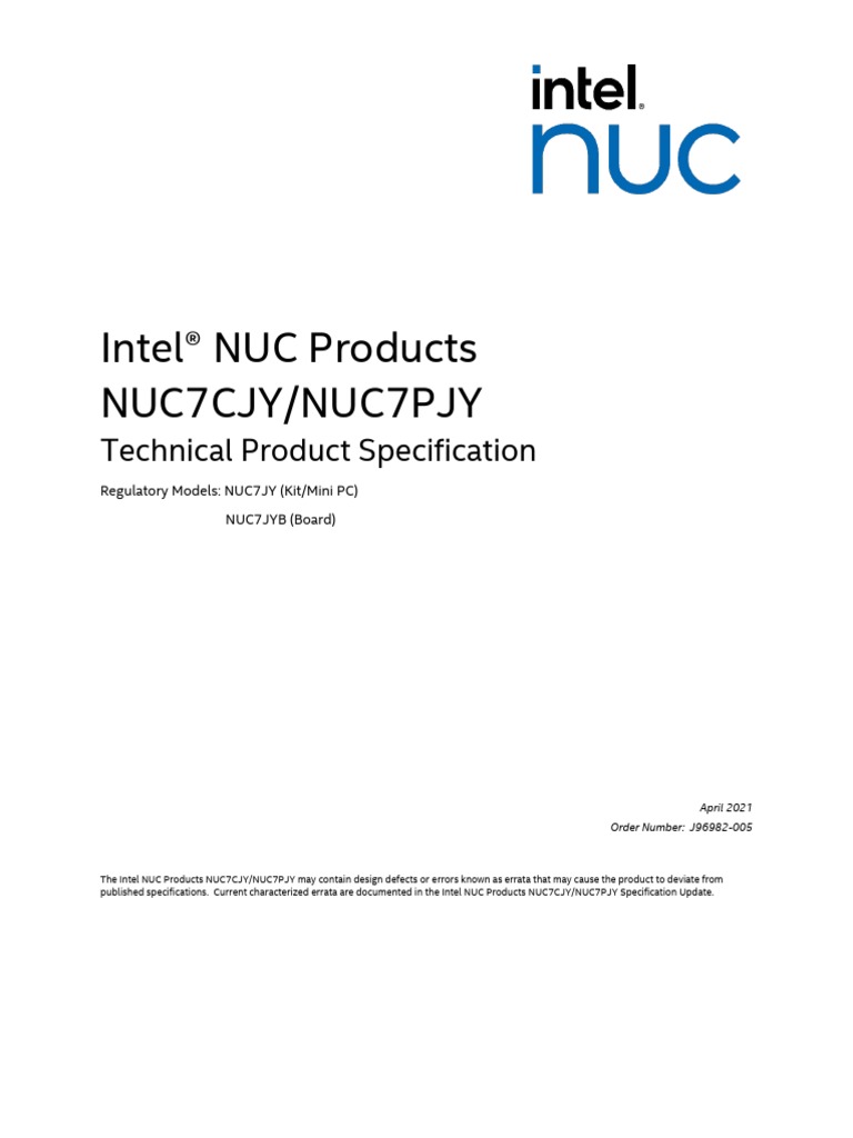 Intel® NUC Products Nuc7Cjy/Nuc7Pjy: Technical Product Specification ...