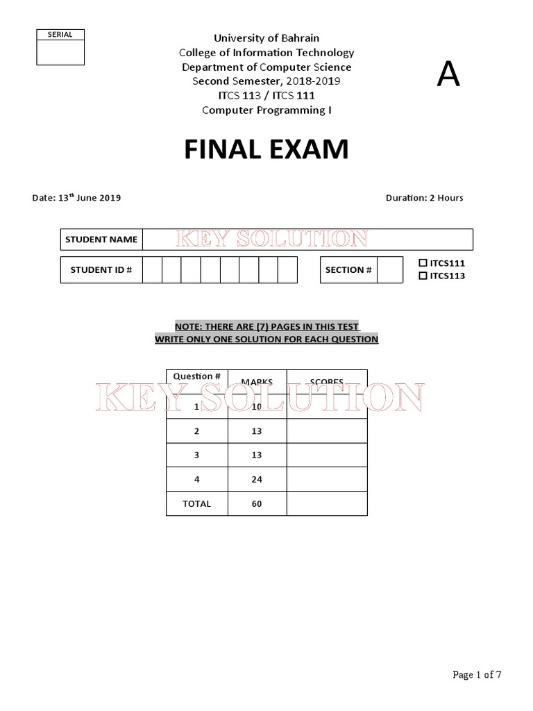 Final Exam: Key Solution | PDF | Method (Computer Programming) | Integer (Computer Science)