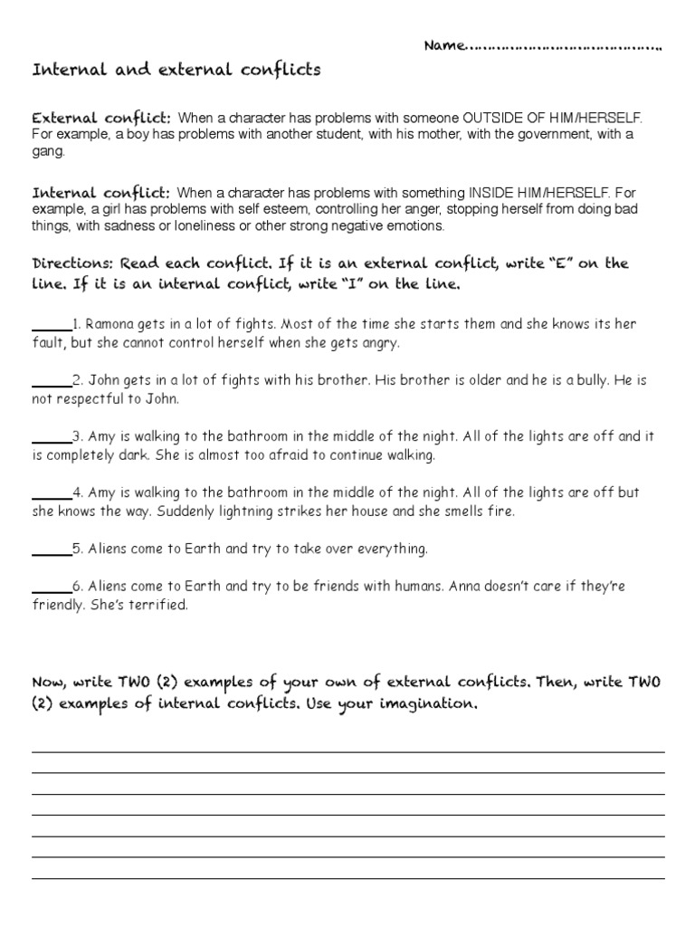 Internal And External Conflict Worksheet Internal Vs External Conflict