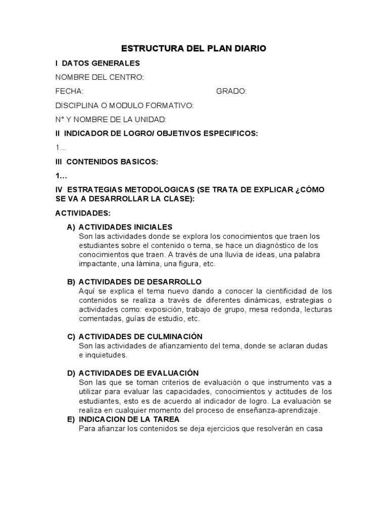 Estructura Del Plan Diario 2022 | PDF