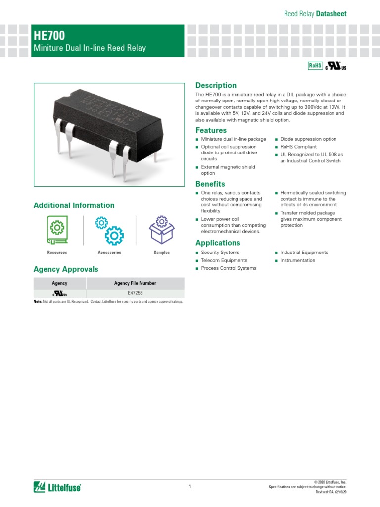 Littelfuse Reed Relays HE700 Datasheet PDF-876874 | PDF | Relay | Switch