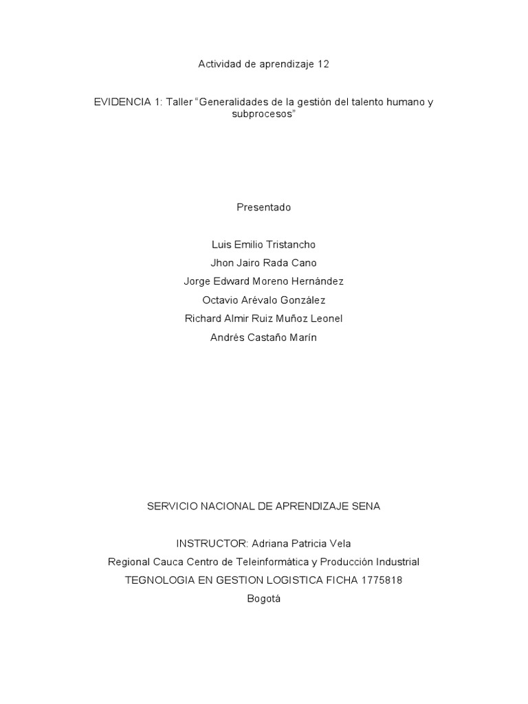 Actividad de Aprendizaje 12 Evidencia 1 Taller Generalidades de La Gestion Del Talento Humano y ...