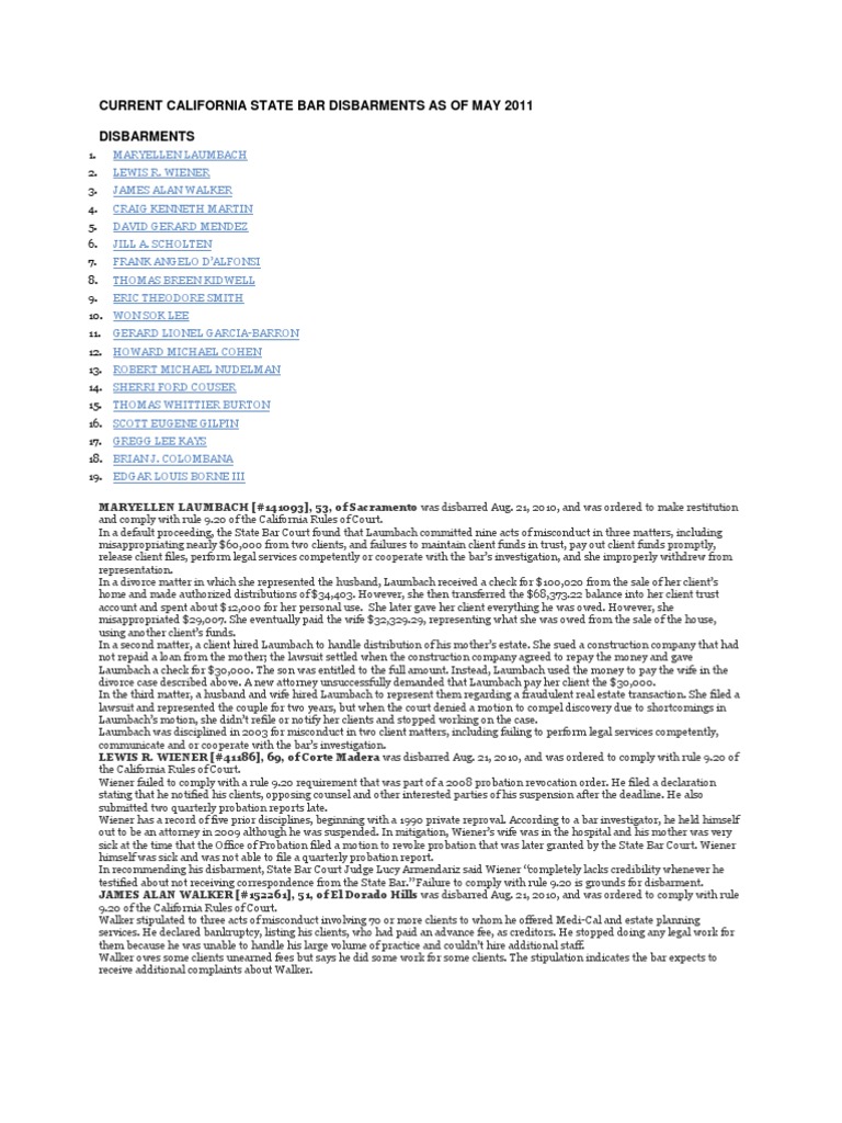 Current California State Bar Disbarments Suspensions As of May 2011 ...
