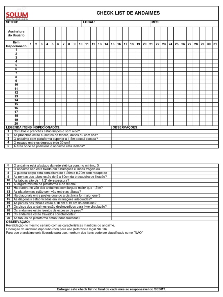 Checklist de Inspeção de Andaimes | PDF