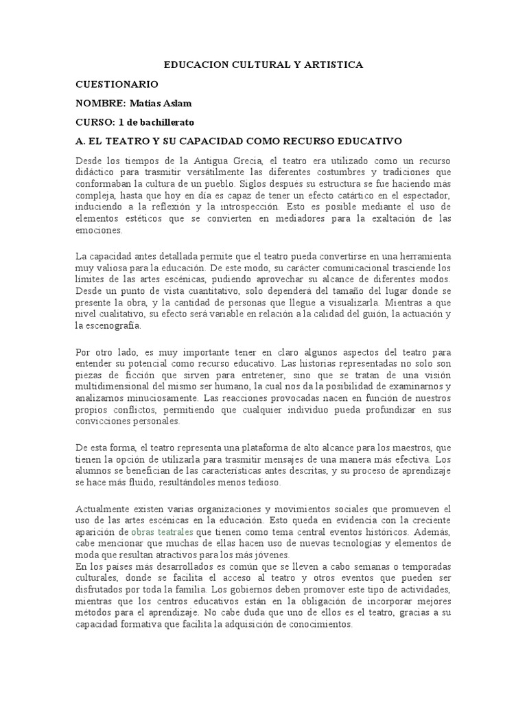 Cuestionario Artistica | Pdf | Turismo | Teatro