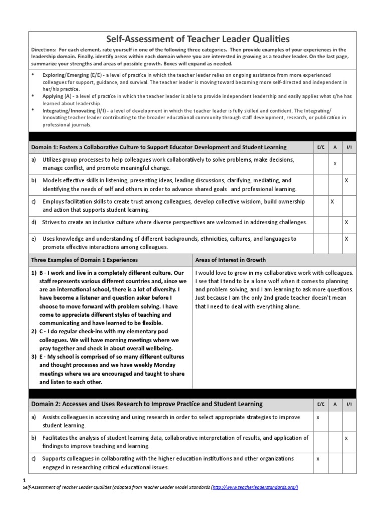 Teacher Leader Qualities Self-Assessment | PDF | Learning | Mentorship