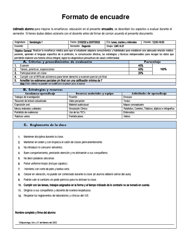 Formato de Encuadre (210222) . | PDF | Maestros | Prueba (evaluación)