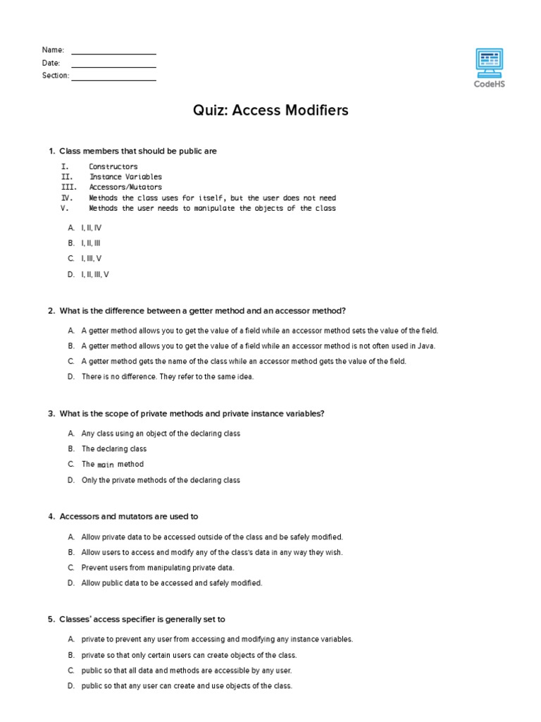 Quiz - Access Modifiers - CodeHS | PDF