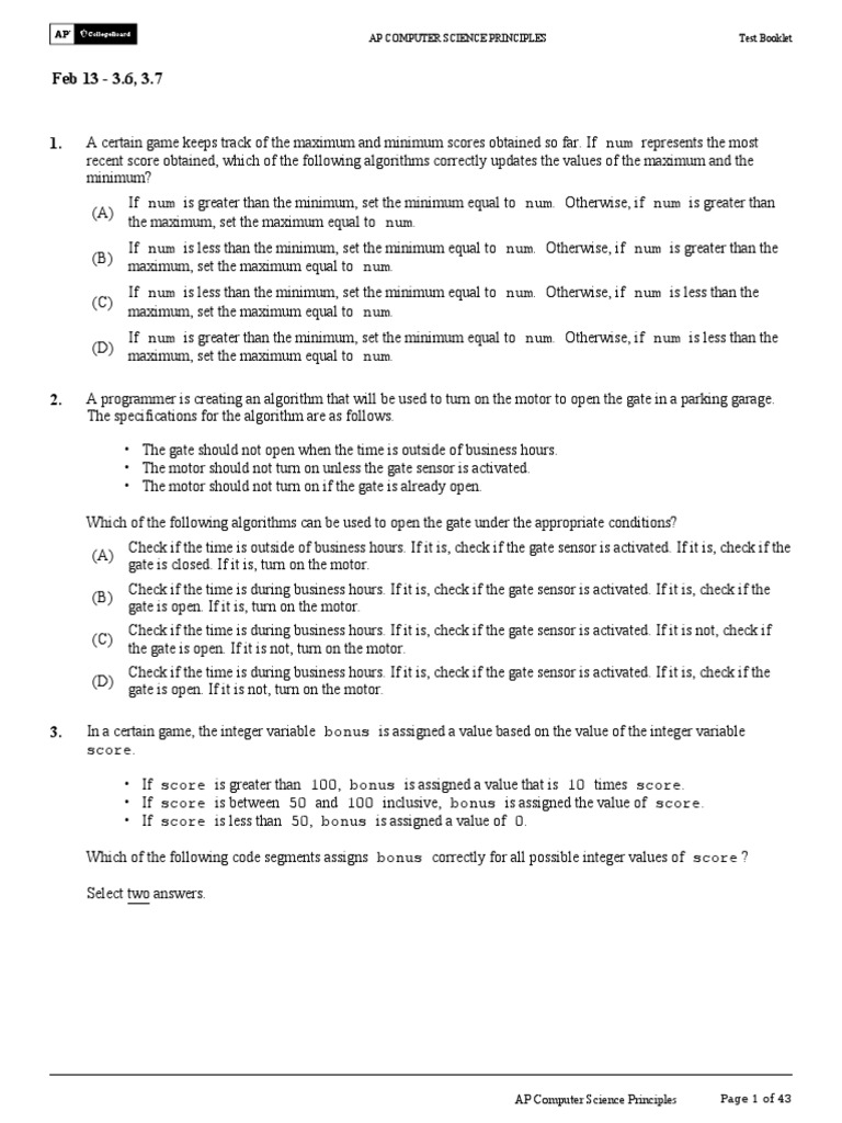 Ap Computer Science Principles Test Booklet | PDF | Boolean Data Type ...