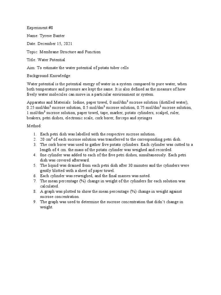 Water Potential in Potato Cells Experiment | PDF | Chemistry | Physical ...