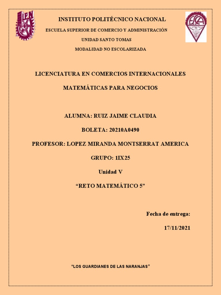 U5 Reto-Matematico-5 Ruiz Jaime Claudia MANE | PDF