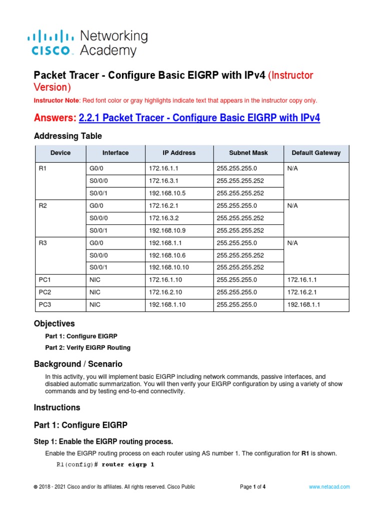 2.2.1 Packet Tracer - Configure Basic EIGRP With IPv4 - ITExamAnswers | PDF | Router (Computing ...