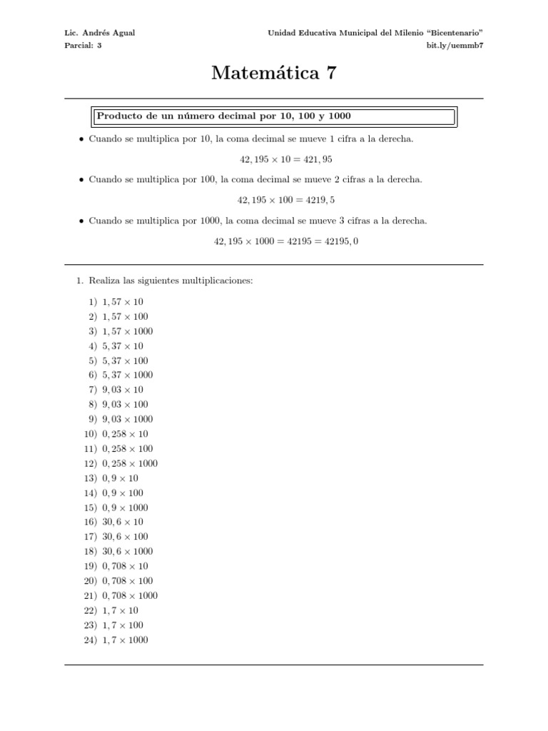 Multiplicación y División Por 10, 100 y 1000 | PDF | Aritmética ...