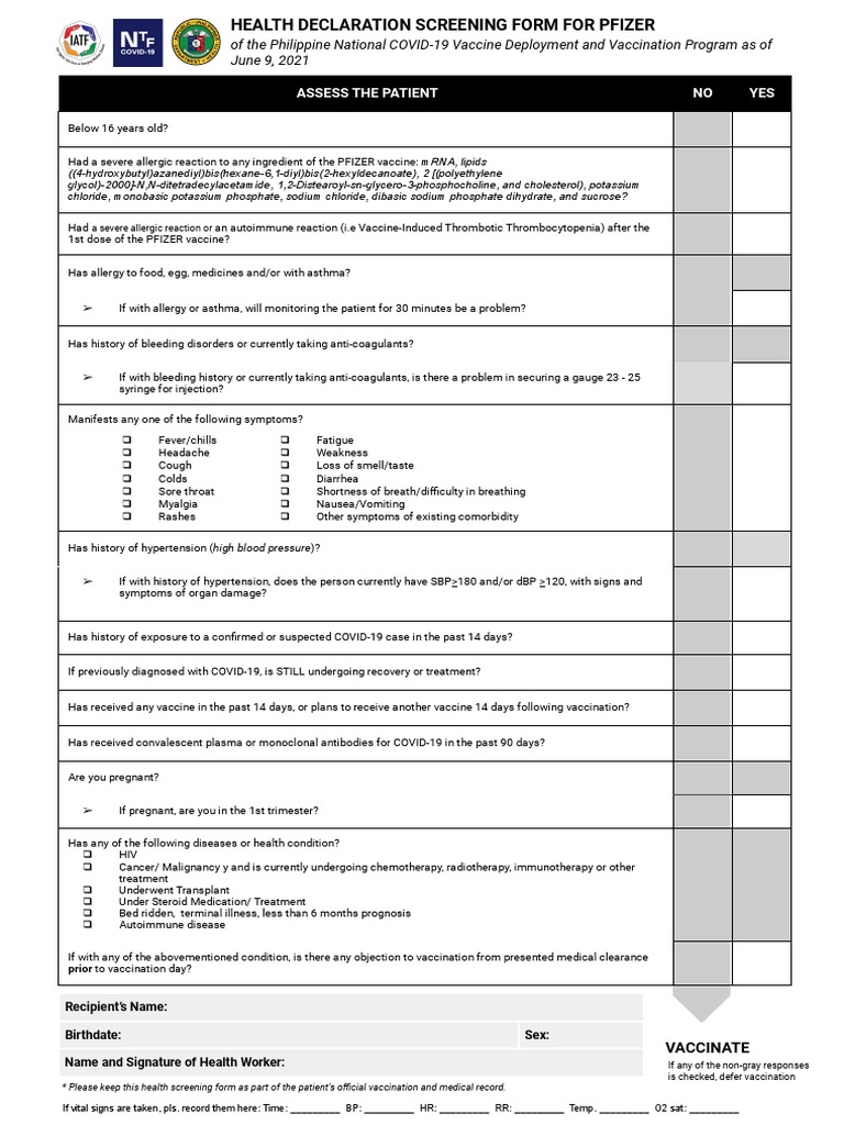 Pfizer Health Declaration Screening Form Eng June 9 2021 | PDF ...