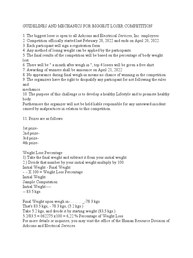 Guidelines and Mechanics of Biggest Loser Arkcons Edition | PDF ...