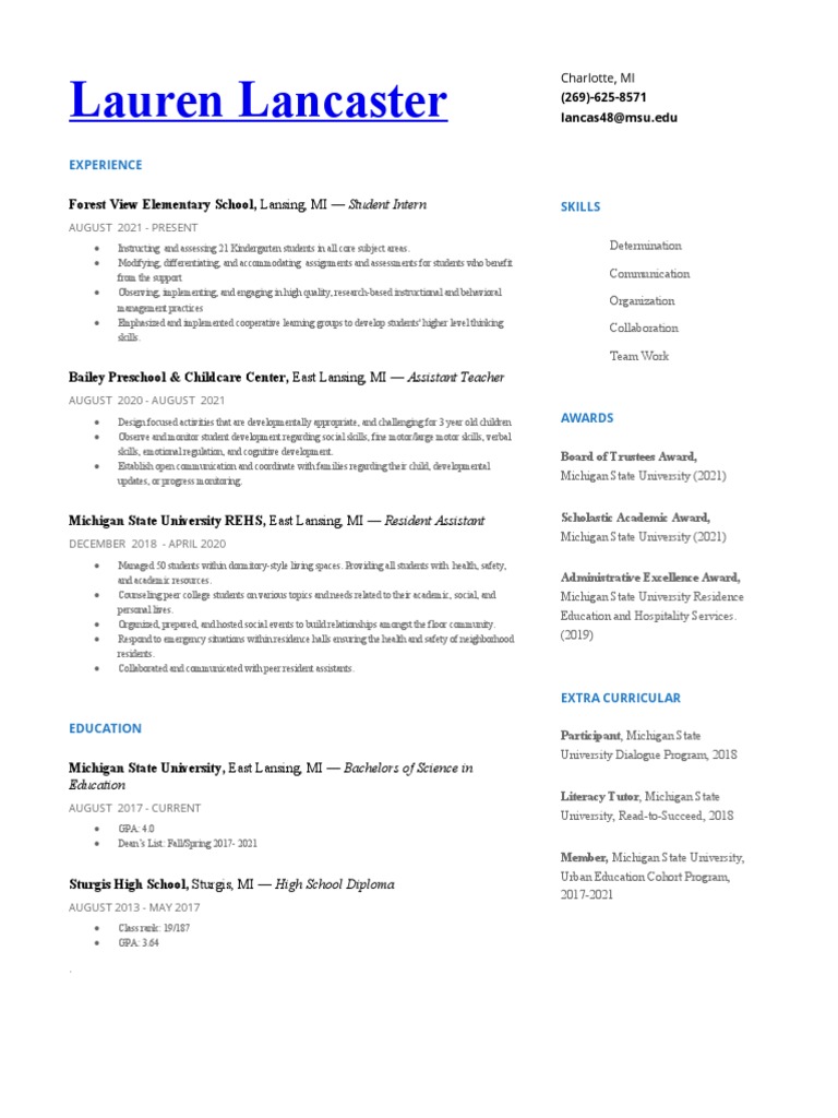 Lancaster Intern Resume | PDF | Michigan State University | Preschool