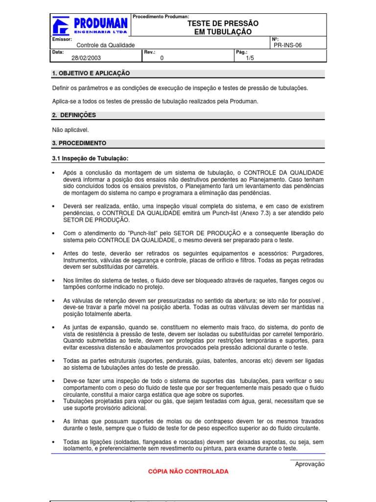 Teste De Pressão Em Tubulações Procedimento Pdf Pressão Tempo