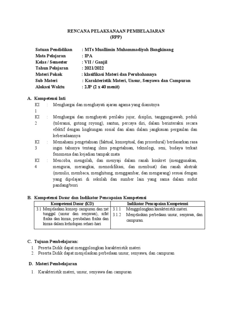 RPP IPA Kelas VII: Materi dan Perubahannya | PDF | Karier & Perkembangan