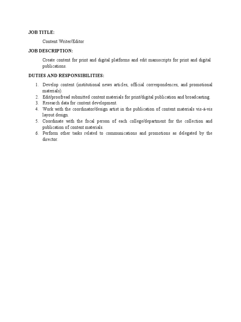 Job Description - Content Writer and Editor | PDF