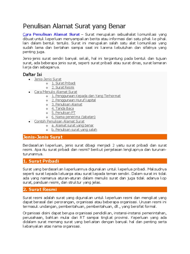 Penulisan Alamat Surat Yang Benar | PDF