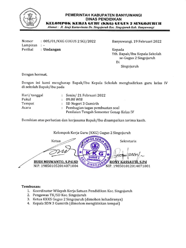Surat Undangan KKG Gugus 2 Singojuruh - 19!02!2022 | PDF