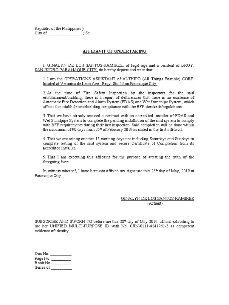 Affidavit of Undertaking (Extension) - BFP | PDF