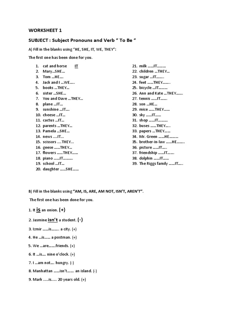 Worksheet 1 SUBJECT: Subject Pronouns and Verb " To Be " | PDF