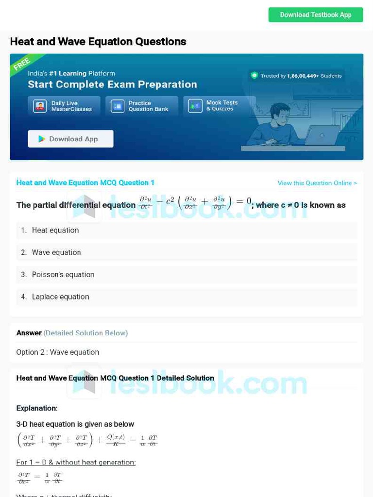 MCQ On Heat and Wave Equation 5eea6a0a39140f30f369dbe9 | PDF